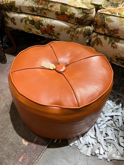 Mid Century Rusty Orange Leather Round Ottoman As Is